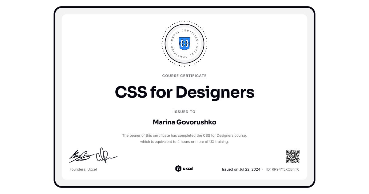 Certificate of completion for CSS Foundations | Uxcel